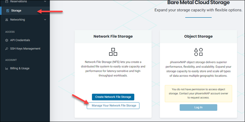 Bare Metal Cloud Storage Management via Portal and API