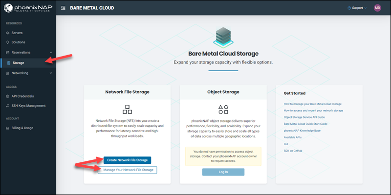 Bare Metal Cloud Storage Management via Portal and API