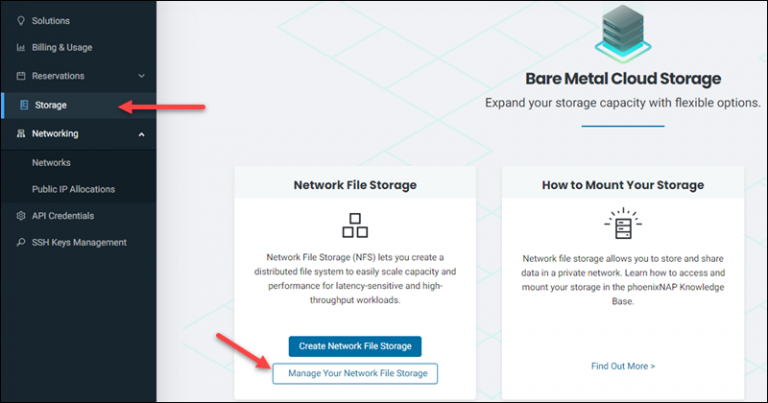 Bare Metal Cloud Storage Management via Portal and API